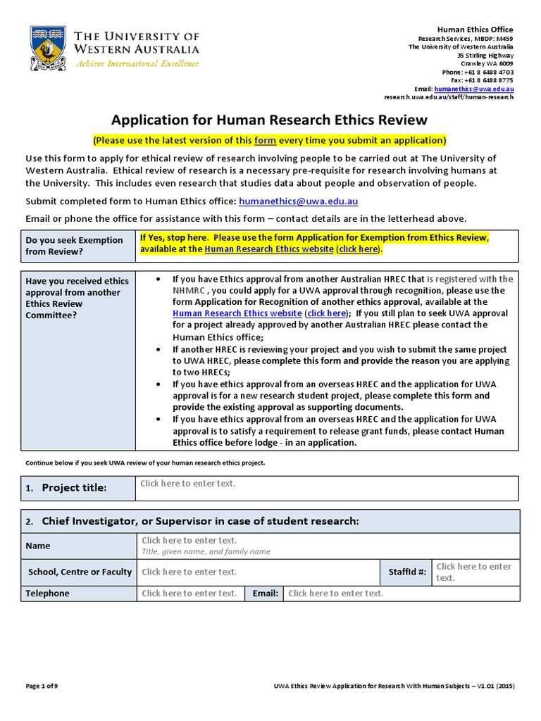 Application for Ethics Review of Research Involving Human Subjects ...