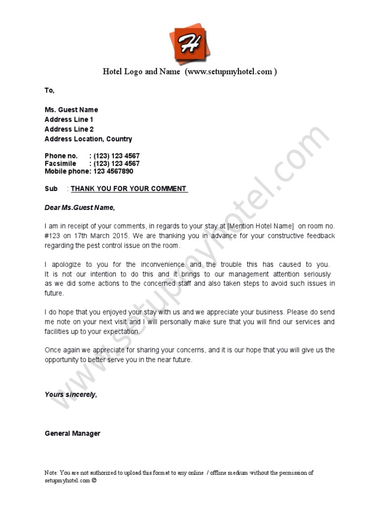 Hotel Apology Letter - Pest Control Issue | Technology & Engineering ...