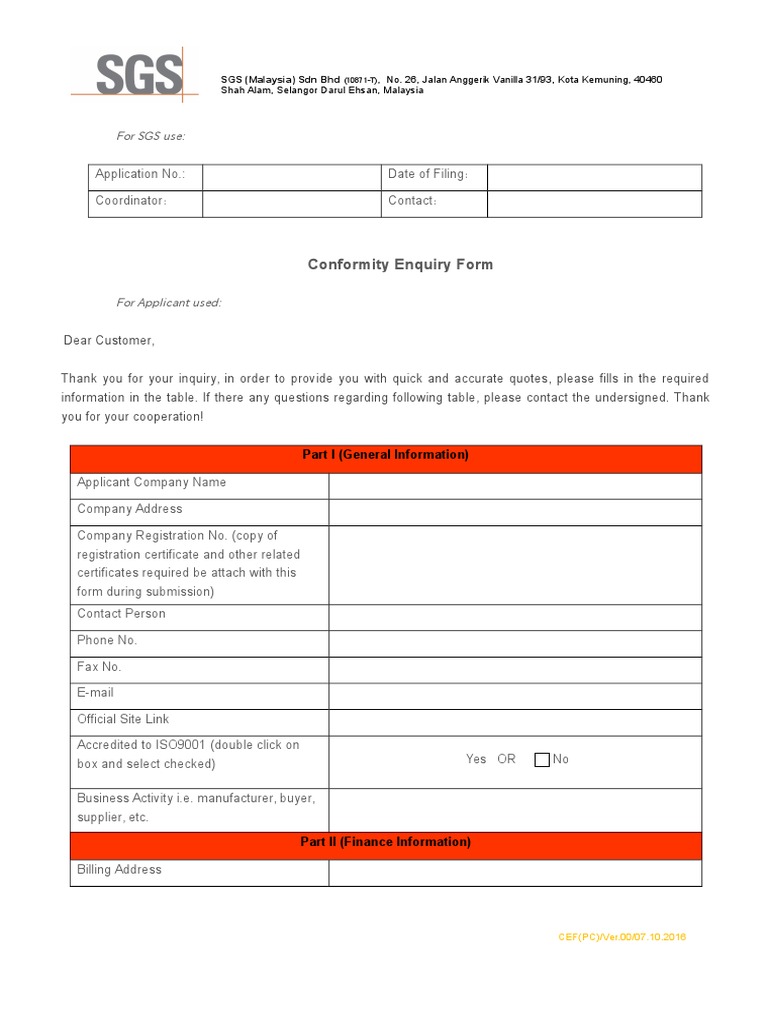 SGS Conformity Enquiry Form (Application Form) | PDF | Specification ...