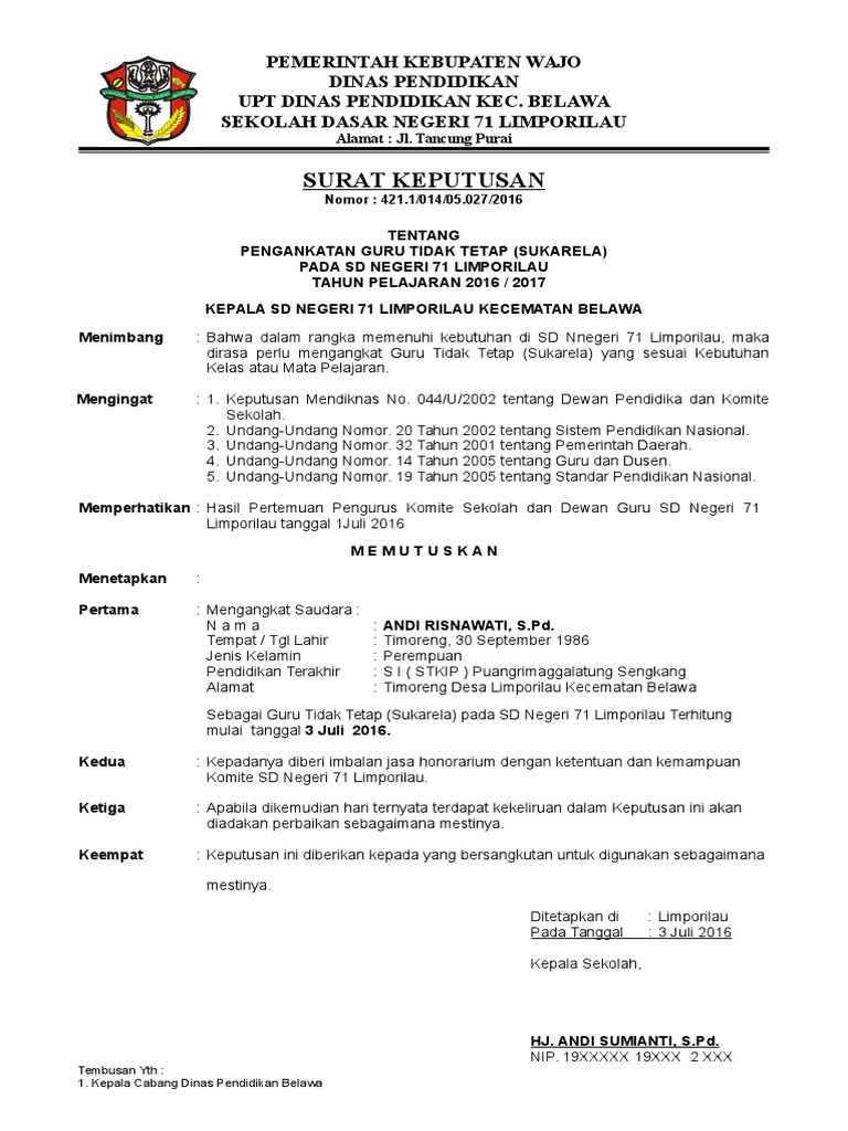 6 Download Contoh Surat Keputusan (SK) Kepala Sekolah Format WordI | PDF