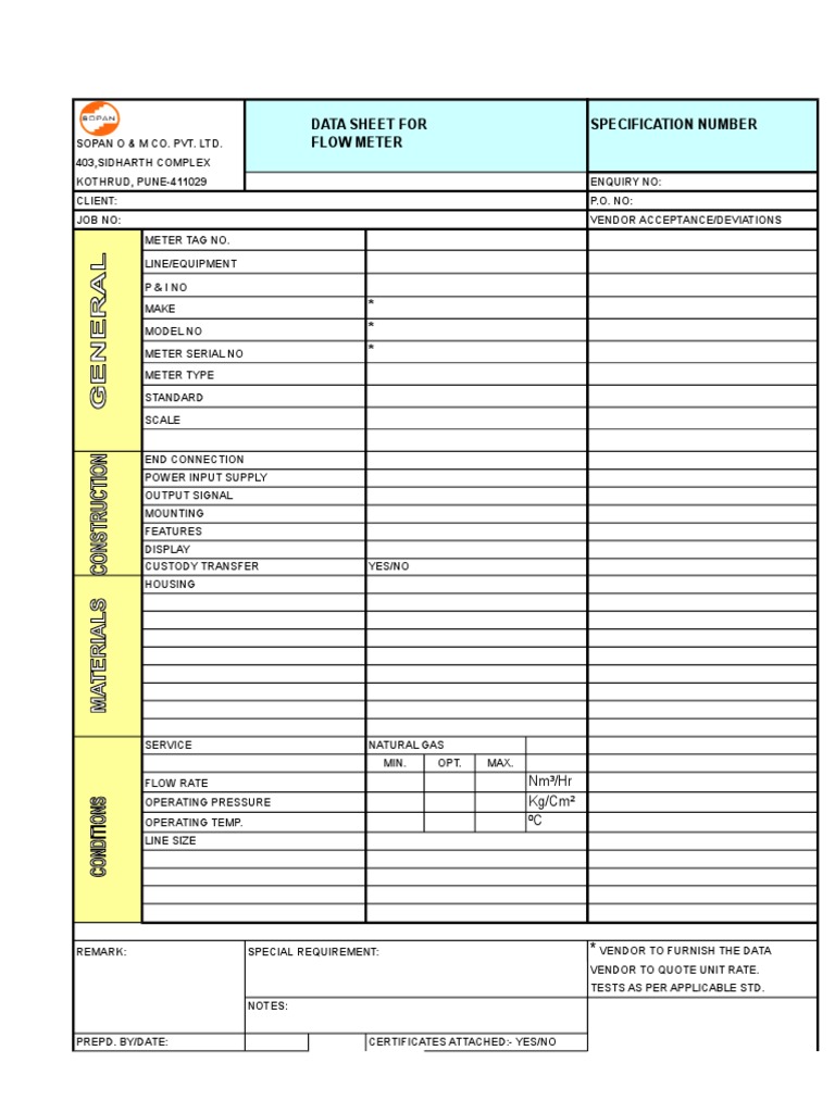 Data Sheet For Specification Number Flow Meter | PDF
