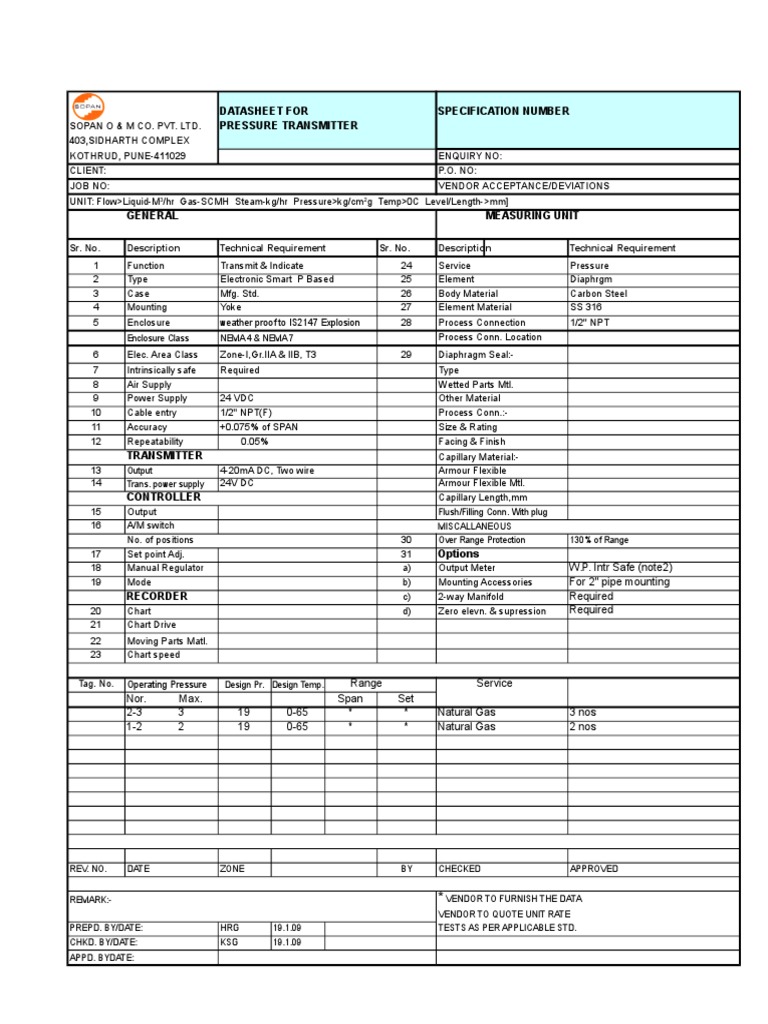 Specification For Pressure Transmitter | PDF | Equipment | Mechanical ...