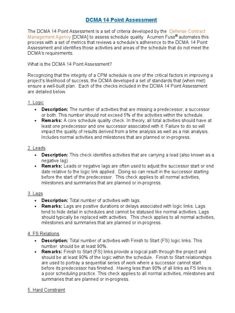 DCMA 14 Point Assessment.doc | Business | Technology