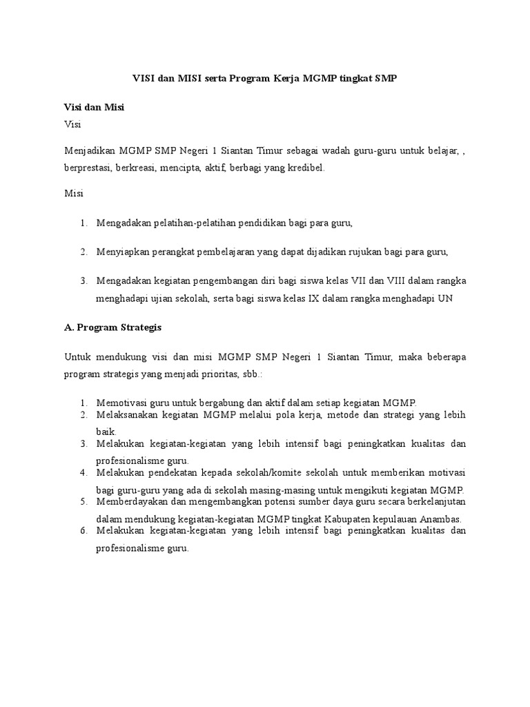 VISI Dan MISI Serta Program Kerja MGMP Tingkat SMP | PDF