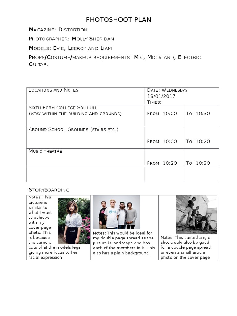 Photoshoot Plan: M: D P: M S M: E, L L P /C /: M, M, E G | PDF