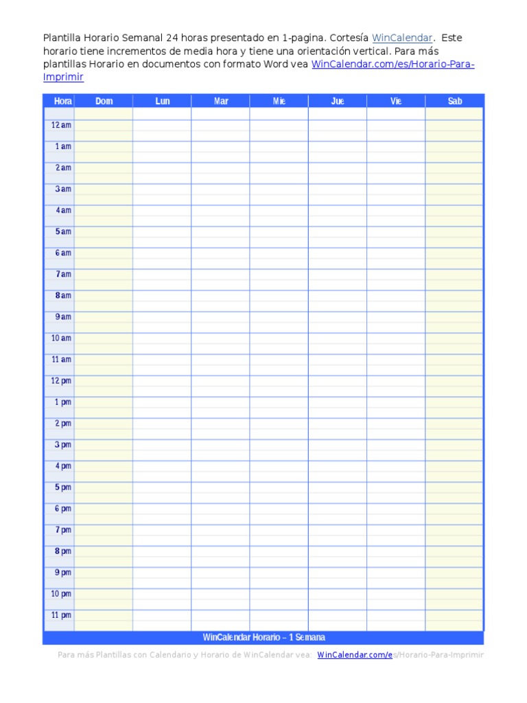 Plantilla Horario Semanal 24 Horas | PDF