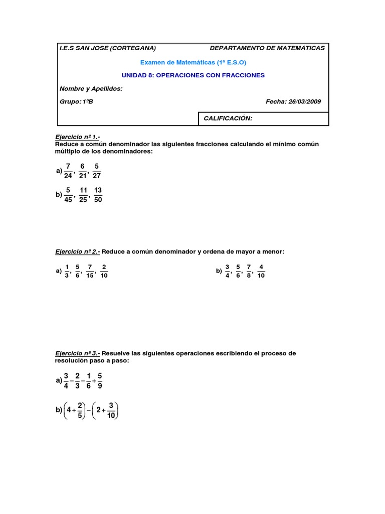 Prueba De Operaciones Con Fracciones