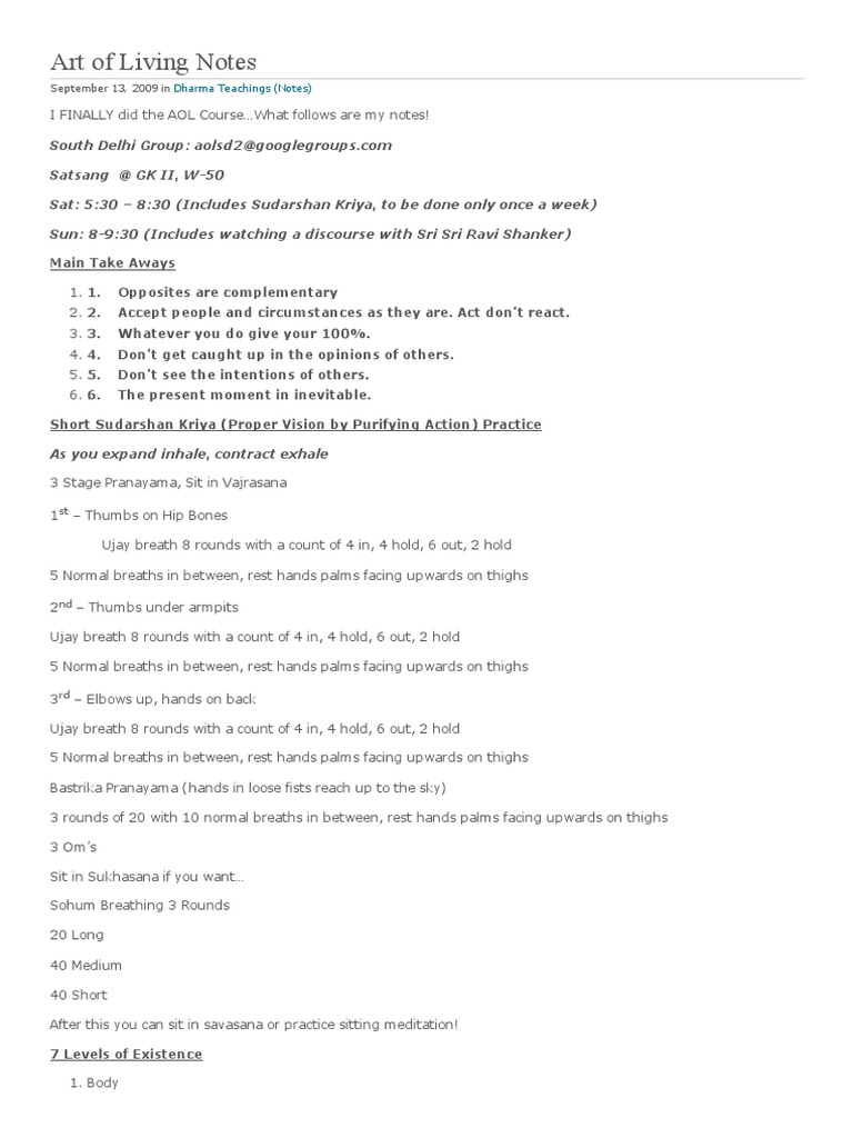 Art of Living Notes | PDF | Meditation | Yoga