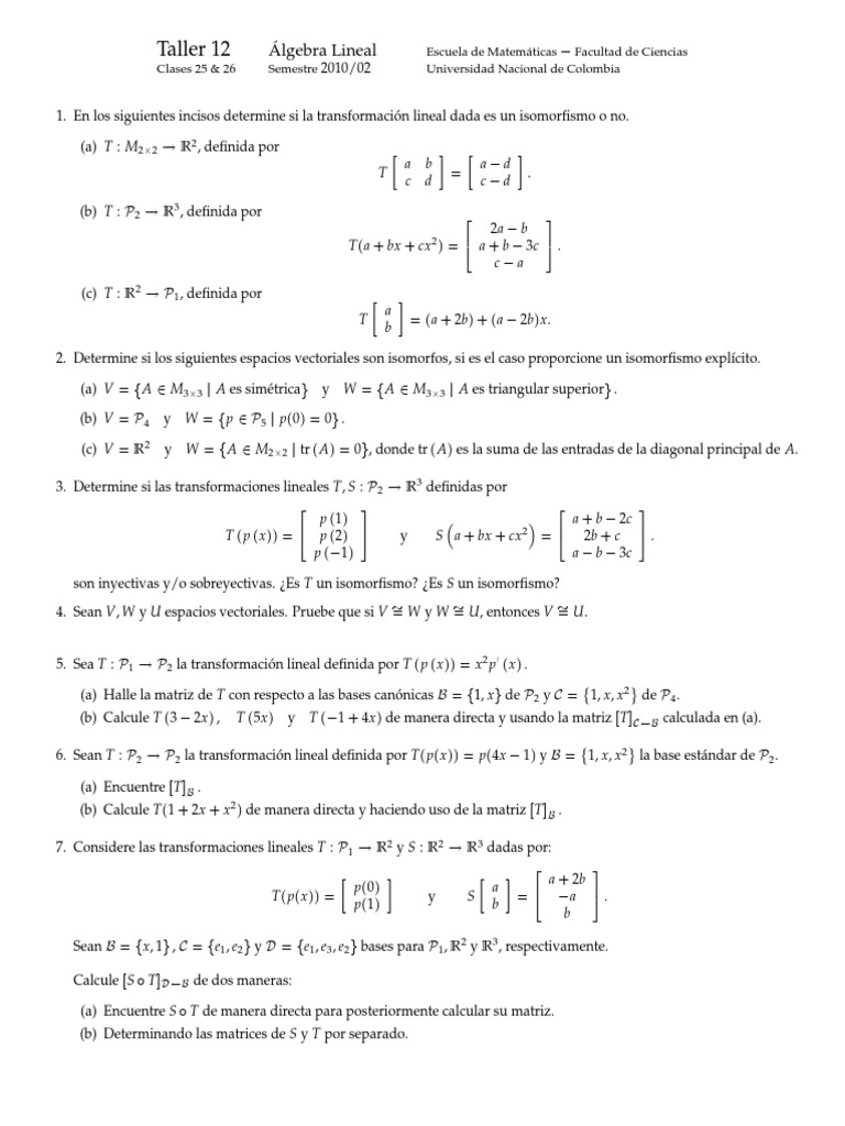Taller 12 Algebra Lineal | PDF | Álgebra abstracta | Funciones y mapeos