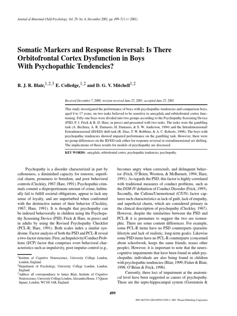 Somatic Markers and Response Reversal: Is There Orbitofrontal Cortex Dysfunction in Boys With ...
