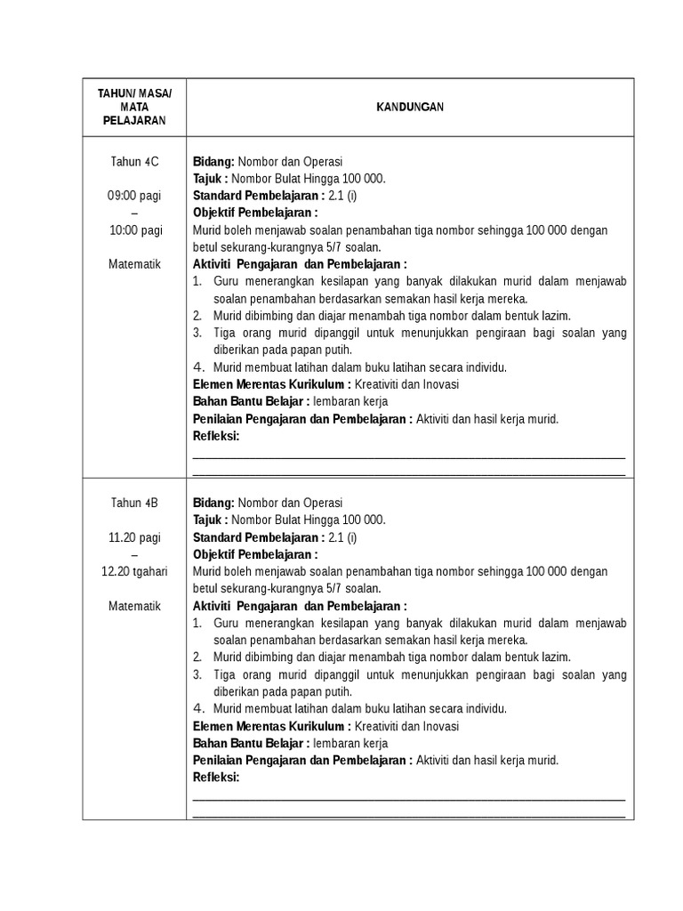 Contoh RPH Matematik Tahun 4 | PDF
