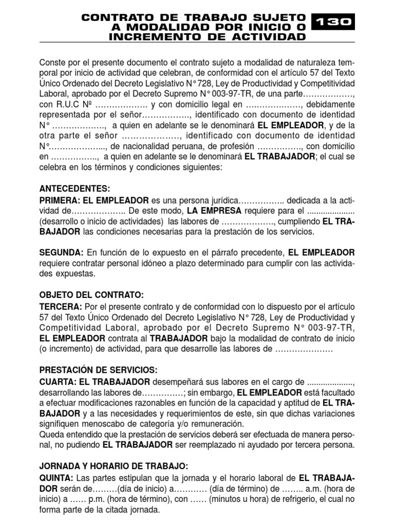 CONTRATO DE TRABAJO SUJETO A MODALIDAD POR INICIO O INCREMENTO DE ACTIVIDAD | Derecho laboral ...