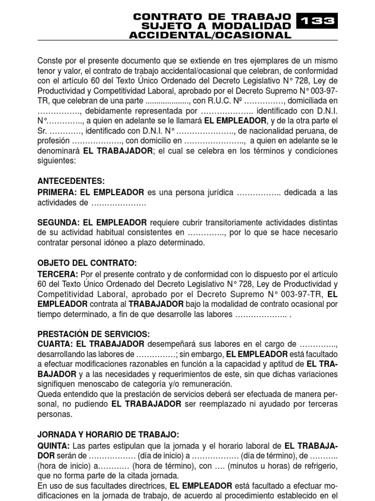 CONTRATO DE TRABAJO SUJETO A MODALIDAD ACCIDENTAL/OCASIONAL | Derecho laboral | Tiempo de trabajo