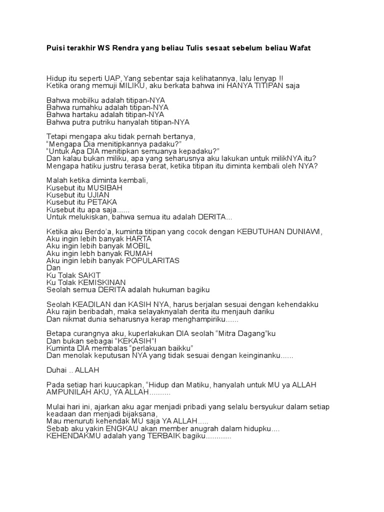 Puisi Terakhir WS Rendra Yang Beliau Tulis Sesaat Sebelum Beliau Wafat ...