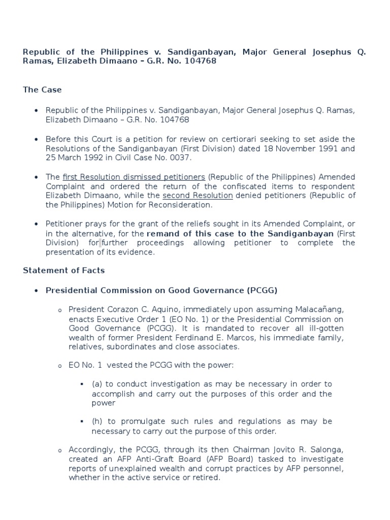 Republic of The Philippines v. Sandiganbayan - Case Outline | PDF ...