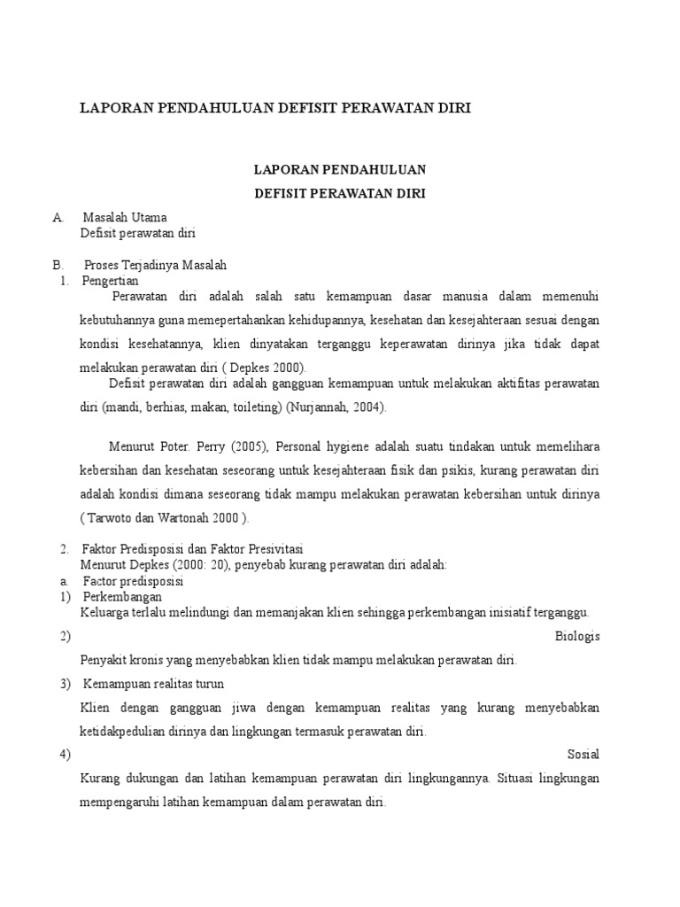 Laporan Pendahuluan Defisit Perawatan Diri | PDF