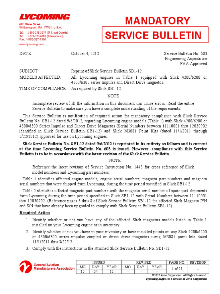 Reprint of Slick Service Bulletin SB1-12 | PDF | Business