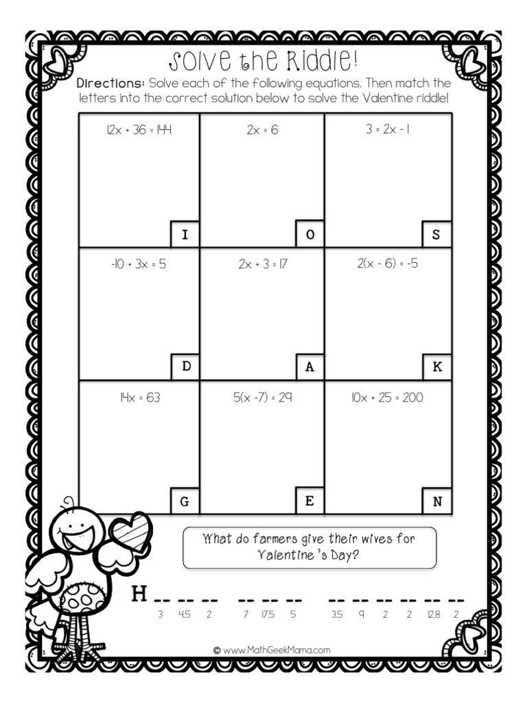 Valentine-Algebra-Worksheets Riddles 1 | PDF | Equations | Analysis