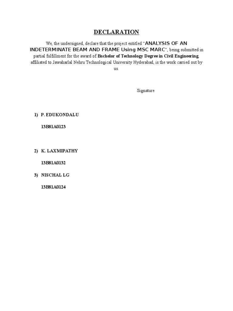 Declaration: Analysis of An INDETERMINATE BEAM AND FRAME Using MSC MARC ...