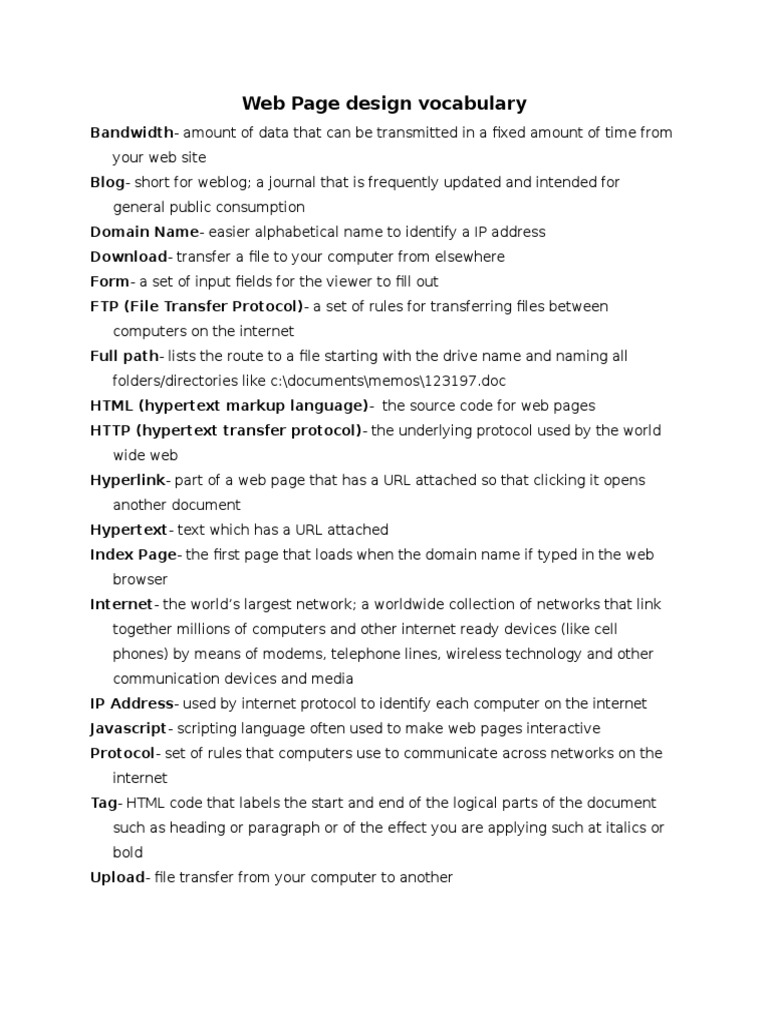 web page design vocabulary | World Wide Web | Technology