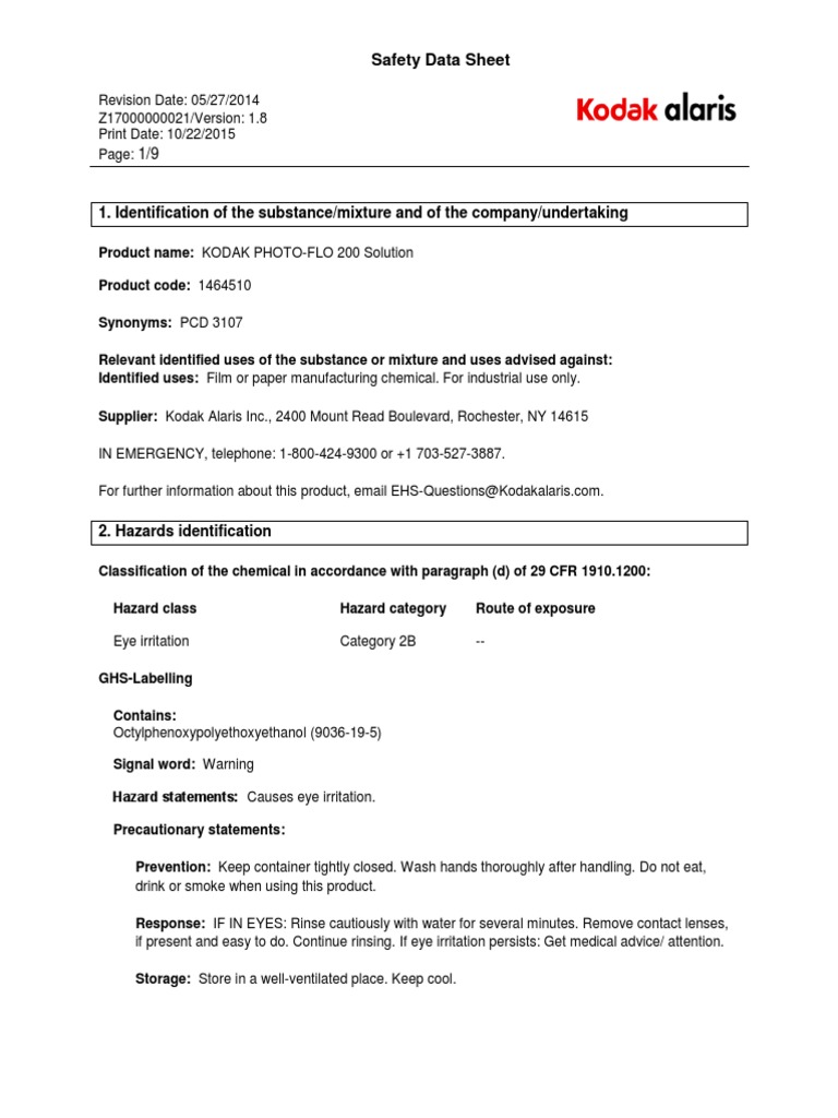 Kodak Photo-Flo 200 Safety Data Sheet | PDF | Safety | Occupational ...