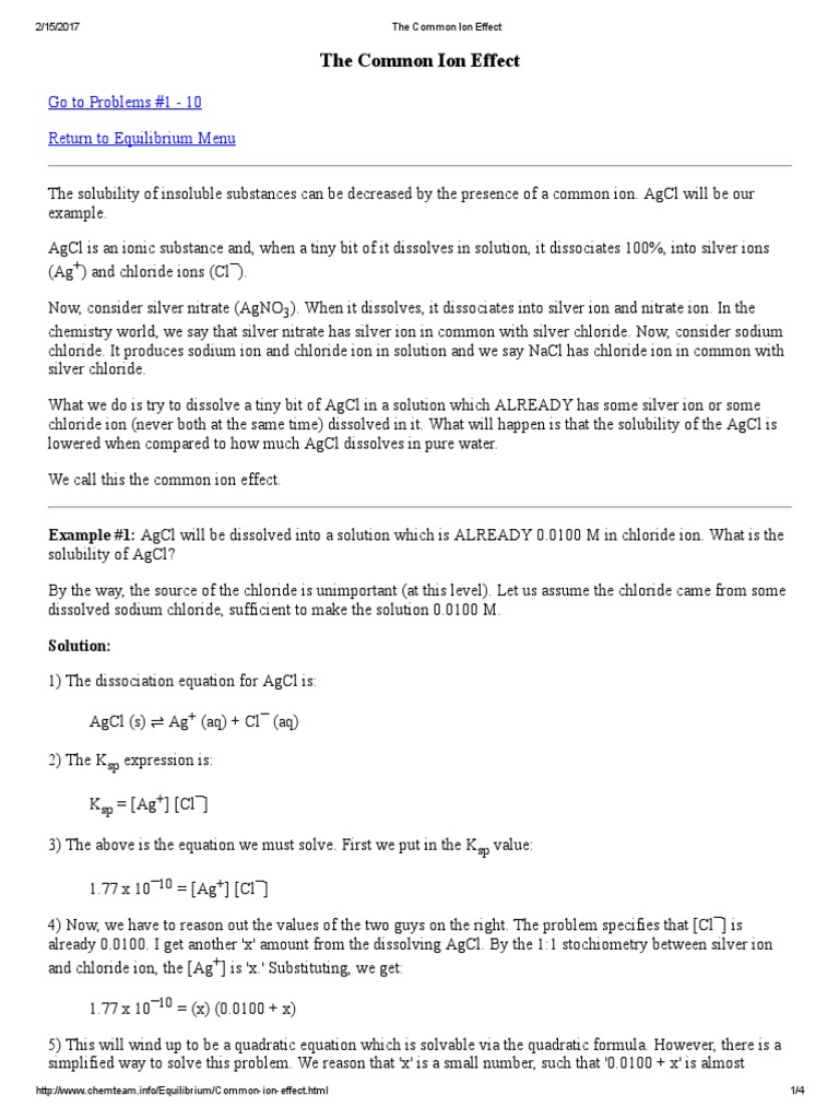 The Common Ion Effect Examples | PDF | Solubility | Chloride