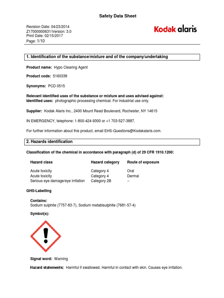 Kodak Hypo Clearing Agent MSDS | PDF | Safety | Occupational Safety And ...