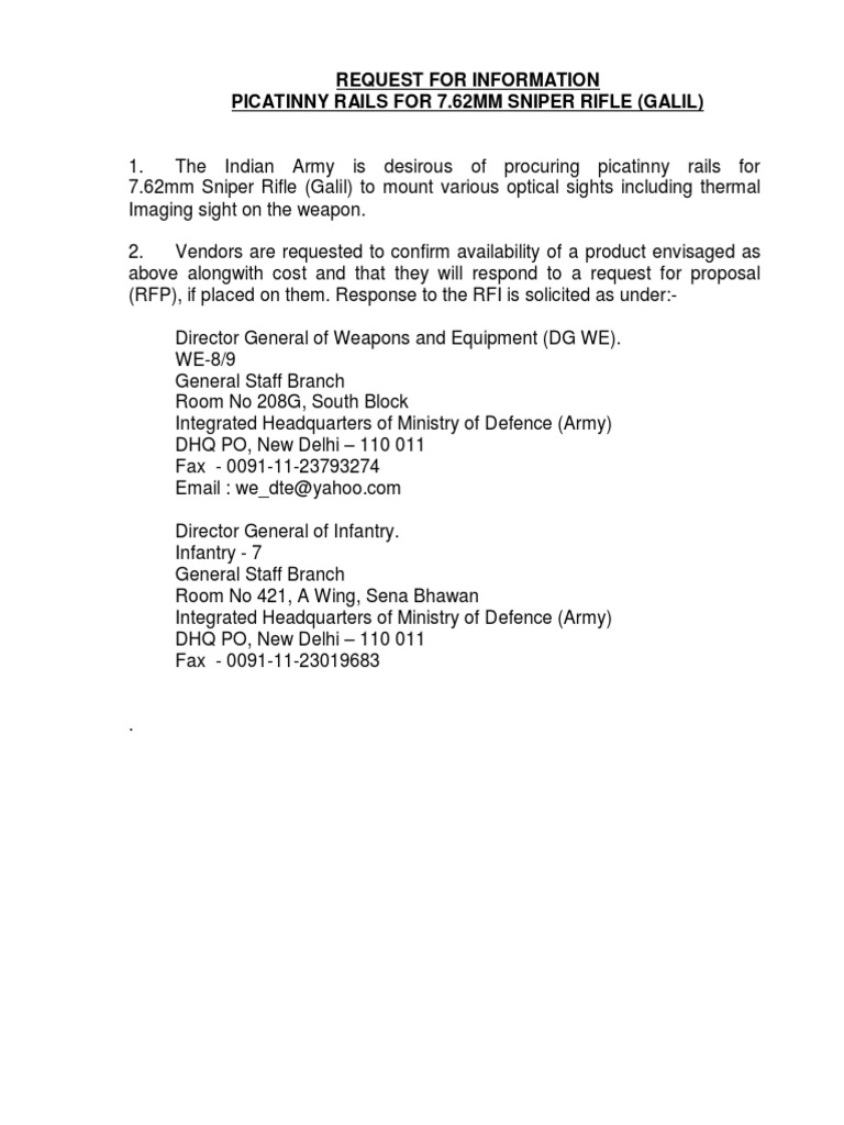 Request For Information Picatinny Rails For 7.62Mm Sniper Rifle (Galil ...