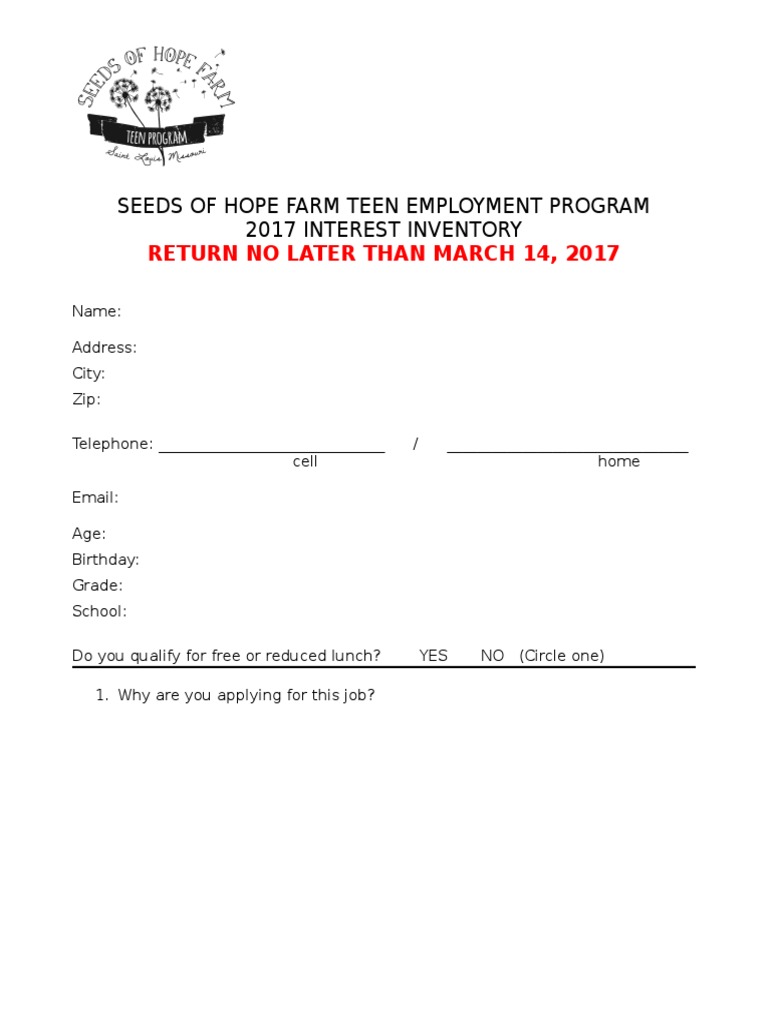 Seeds of Hope Farm Teen Employment Program 2017 Interest Inventory | PDF