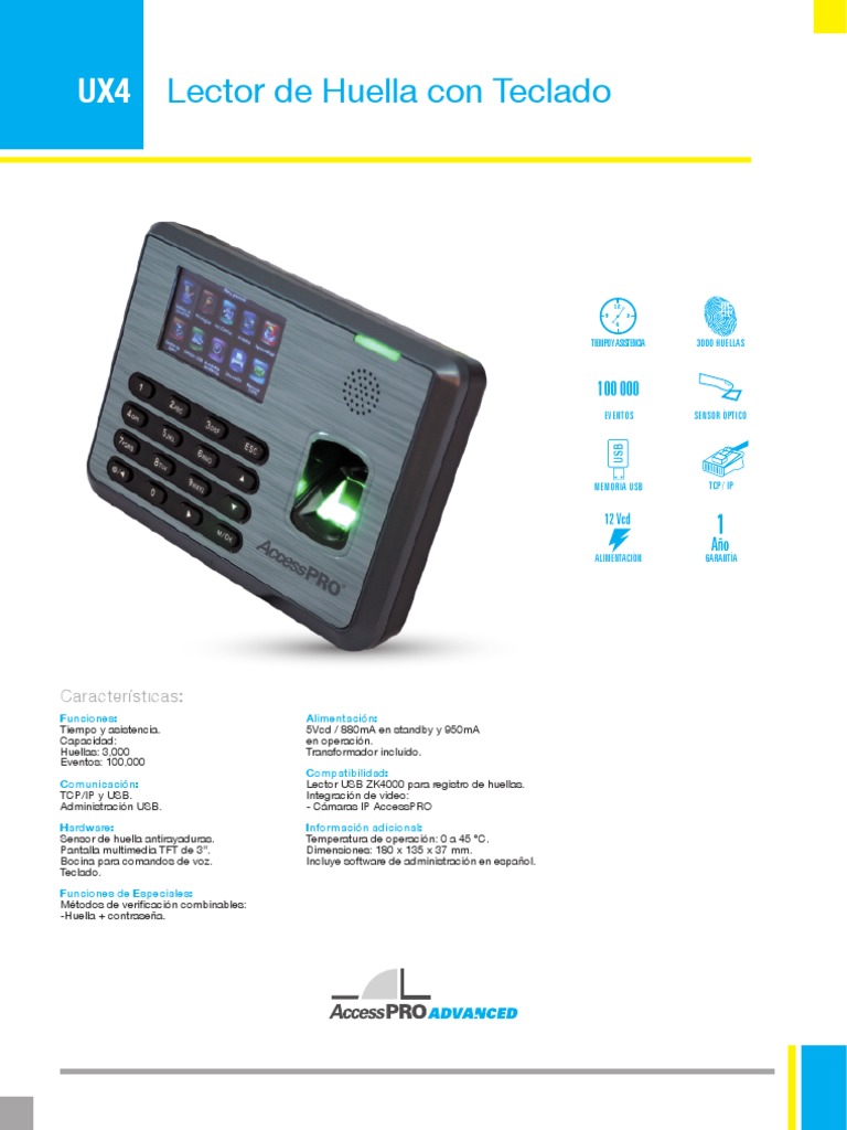 Biometrico Accesspro Ux4 | PDF | USB | Tecnología digital