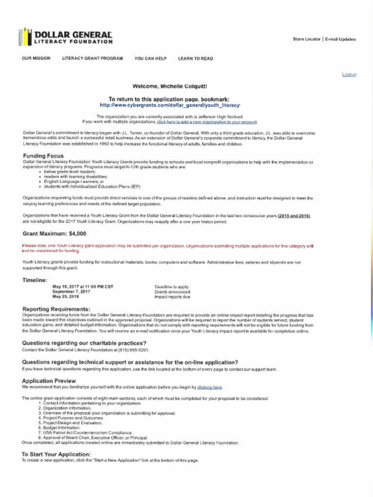 Dollar General Youth Literacy Grant Application | PDF