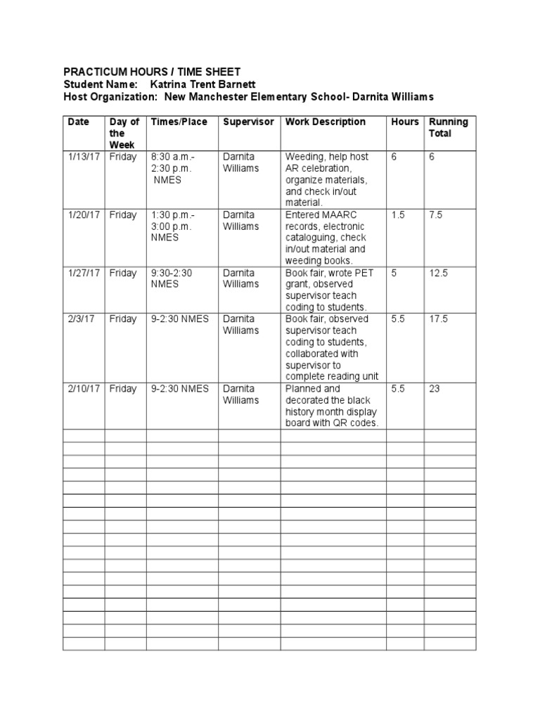 Practicum Hours / Time Sheet Student Name: Katrina Trent Barnett Host ...