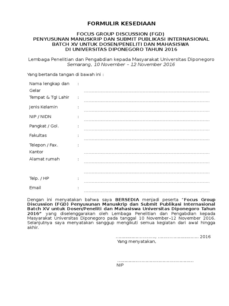 Formulir Kesediaan FGD Universitas Diponegoro | PDF | Karier & Perkembangan