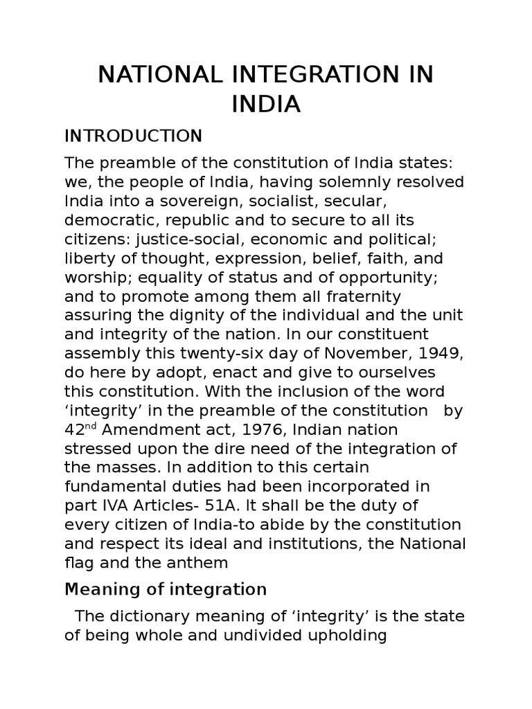 National Integration in India | PDF | Government | Constitution