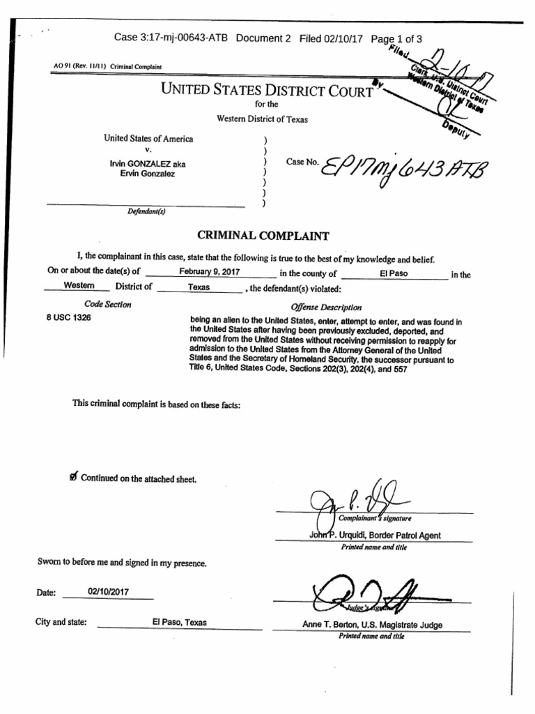 Criminal Complaint Feb. 9, 2017