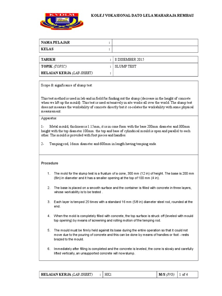 Labsheet Slump Test | PDF | Concrete | Building Materials