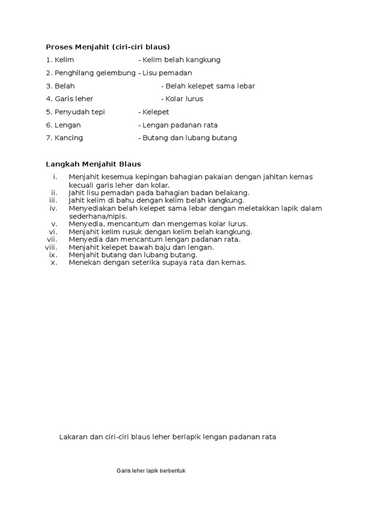 Proses Menjahit Blaus (Ringkas) | PDF