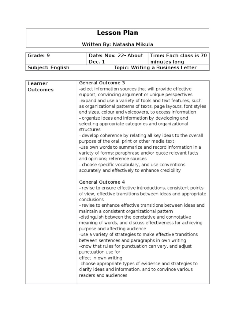 Grade 9 Business Letter Lesson Plan | PDF | Lesson Plan | Paragraph