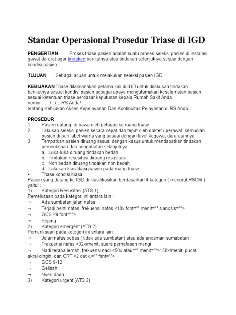 Standar Operasional Prosedur Triase Di IGD | PDF