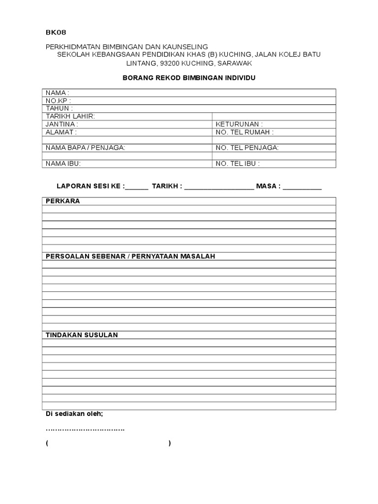 Borang Perkhidmatan Kaunseling Bk08 | PDF