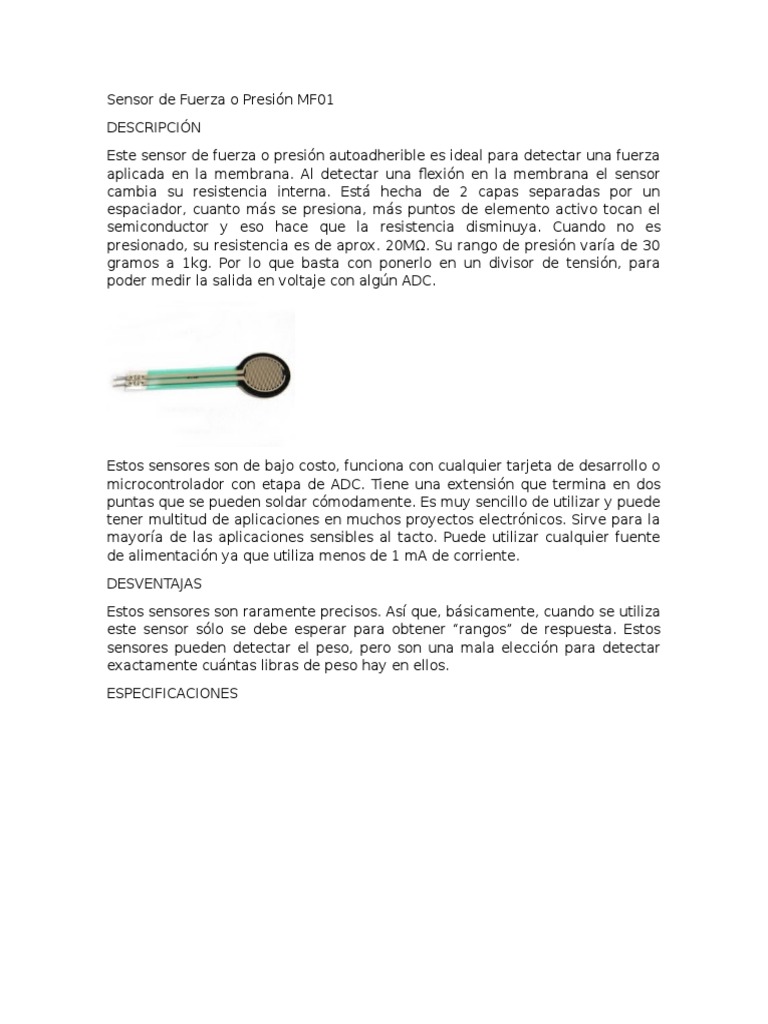 Sensor de Fuerza o Presión MF01 | PDF | Arduino | Sensor