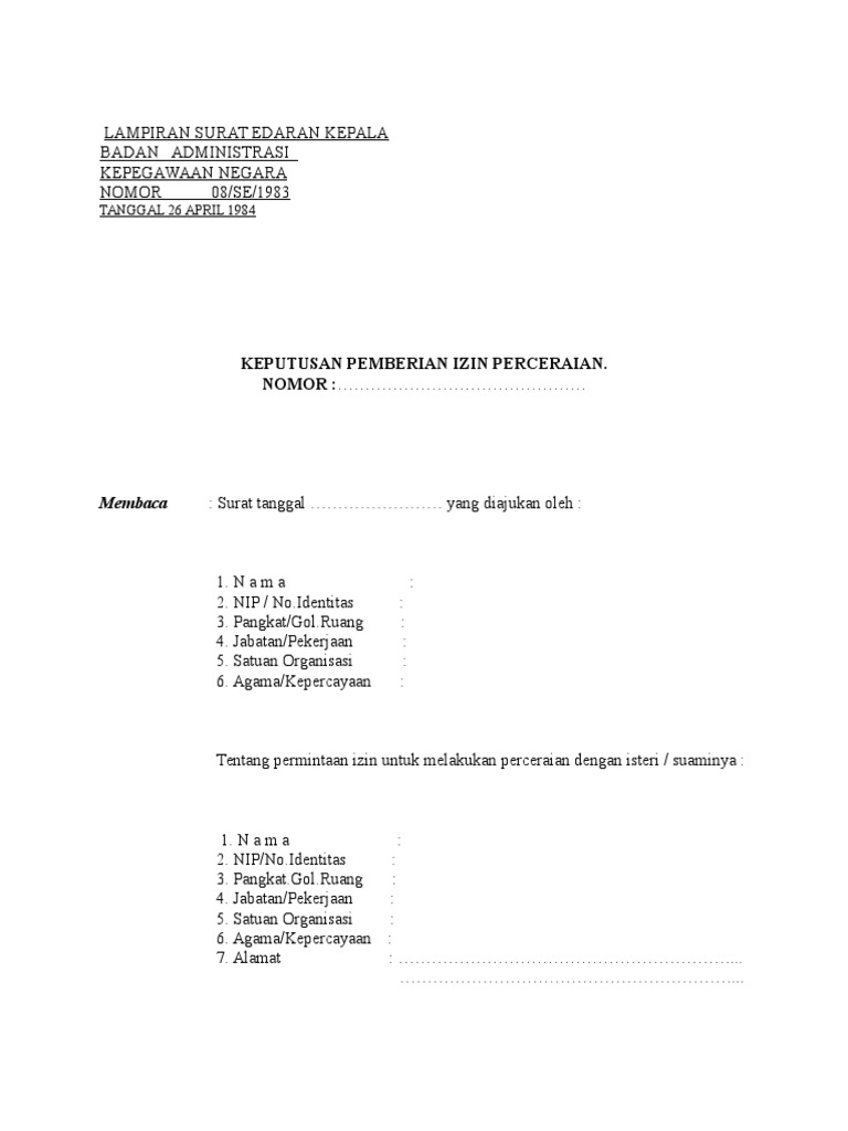 Contoh Surat Pemberian Izin Perceraian | PDF