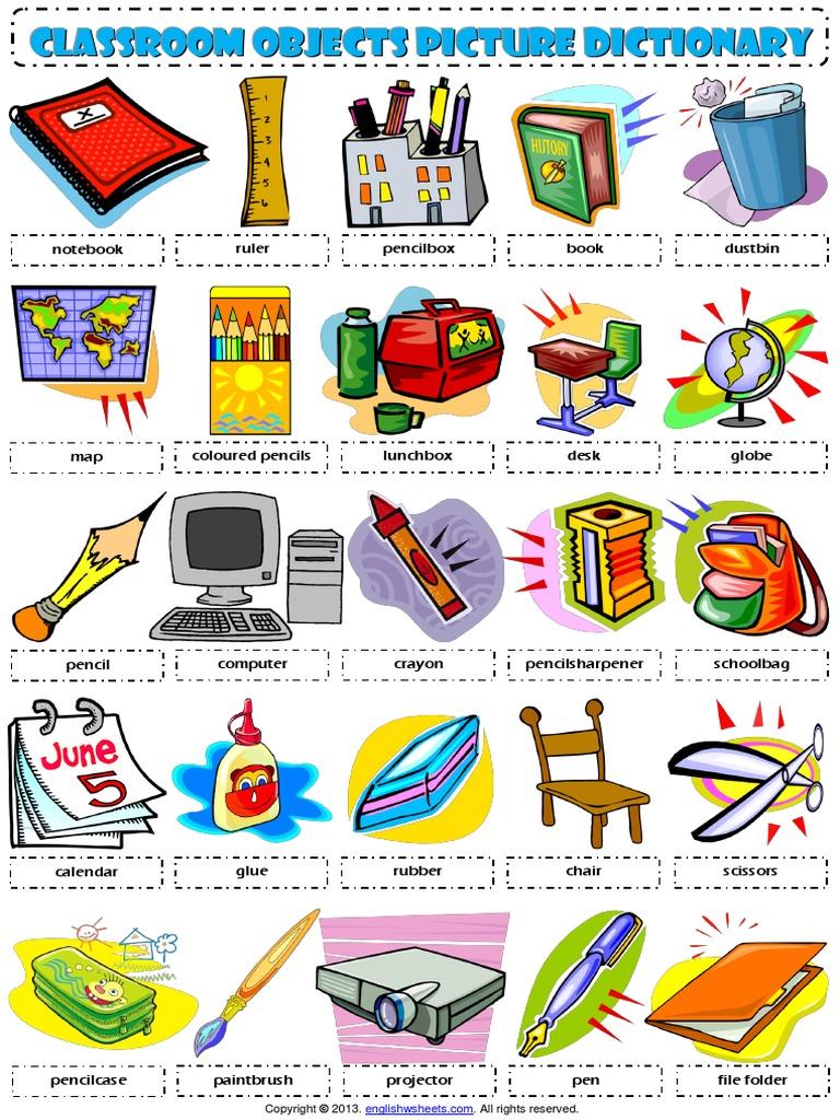 Classroom Objects Esl Vocabulary Picture Dictionary Worksheet For Kids ...