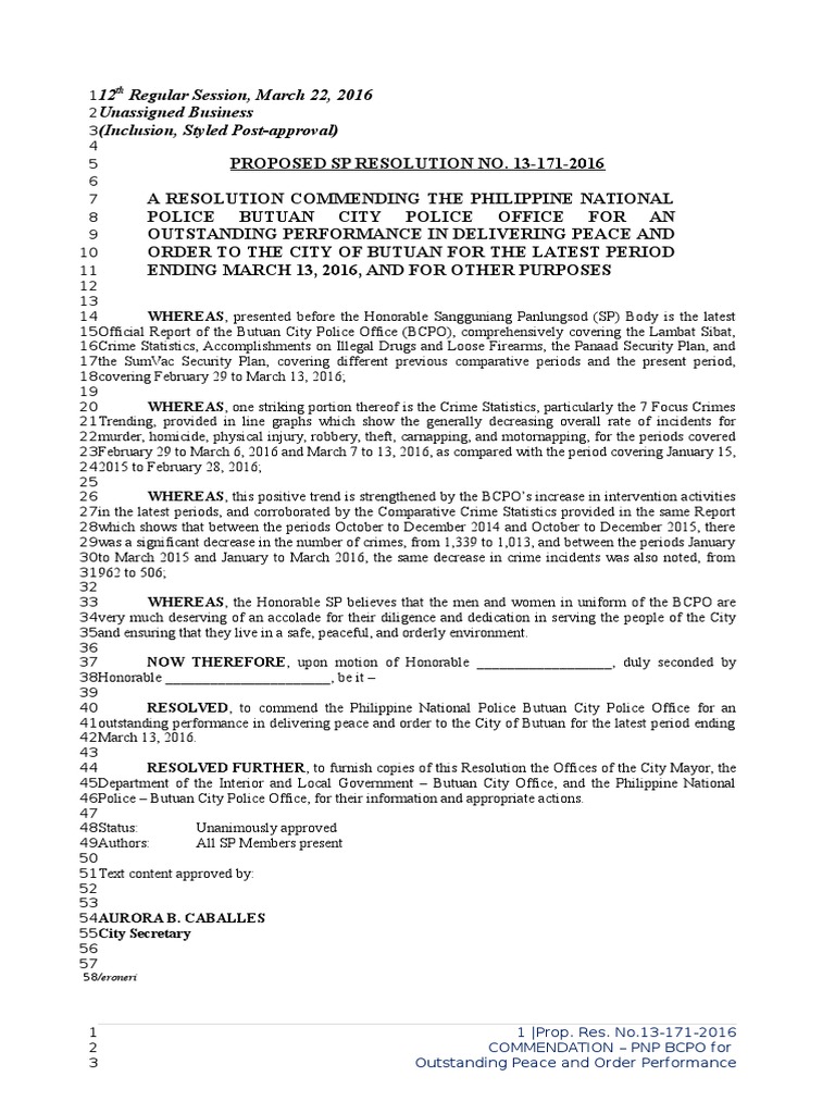 Proposed Resolution 13-171-2016 - COMMENDATION - PNP BCPO For Excellent ...
