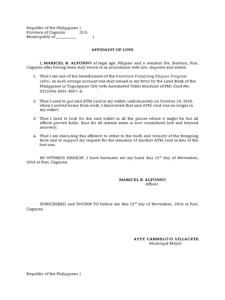 Affidavit of Loss - docxATM | PDF | Affidavit | Notary Public