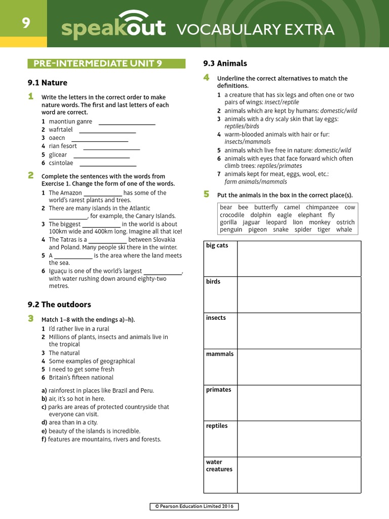 Speakout Vocabulary Extra Pre-Intermediate Unit 9 PDF | PDF | Mammals | Reptile