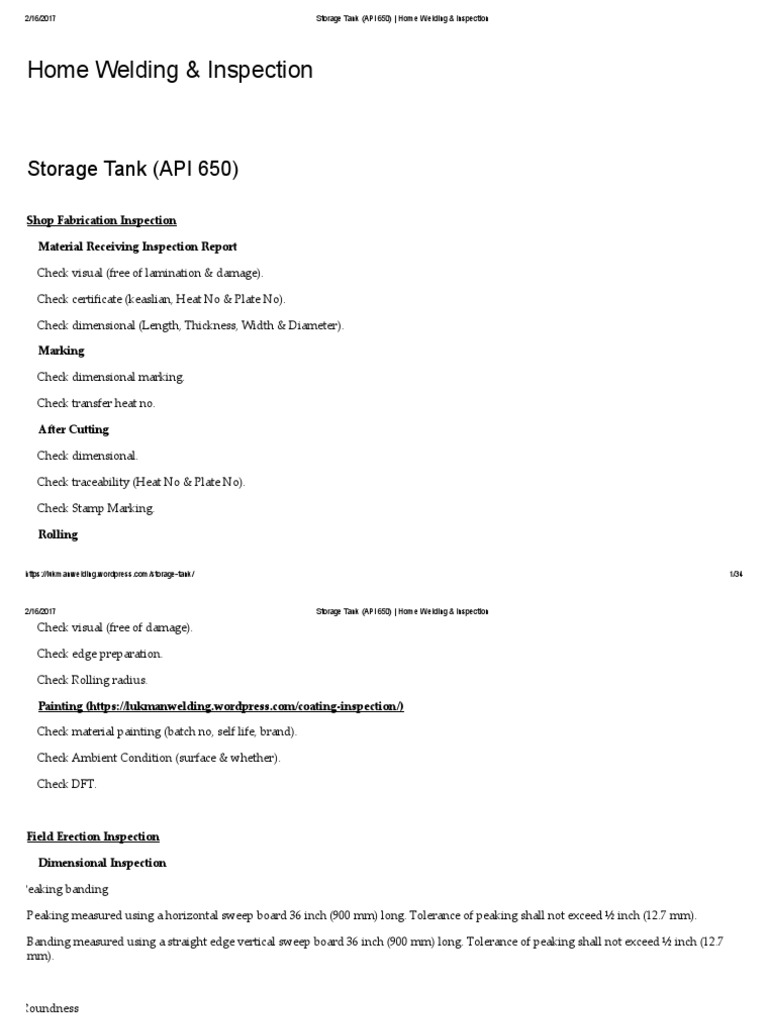 Storage Tank (API 650) - Home Welding & Inspection | PDF | Welding ...