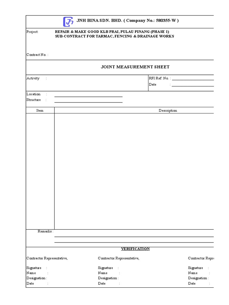 Joint Measurement Sheet (KLB Prai) | PDF