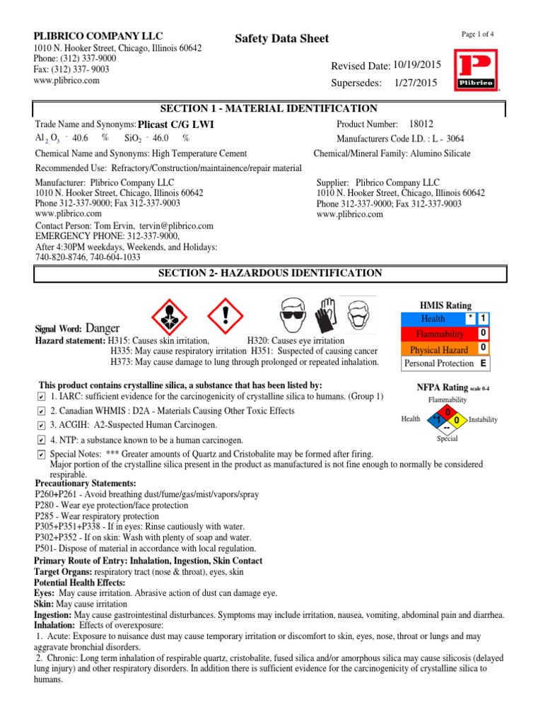 Sds Plicast CG LWI | Dangerous Goods | Silicon Dioxide