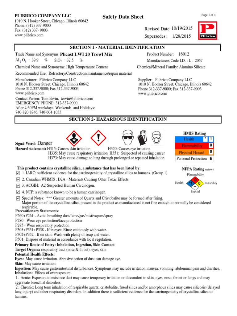 Sds Plicast LWI 20 Trowl Mix | PDF | Dangerous Goods | Personal ...